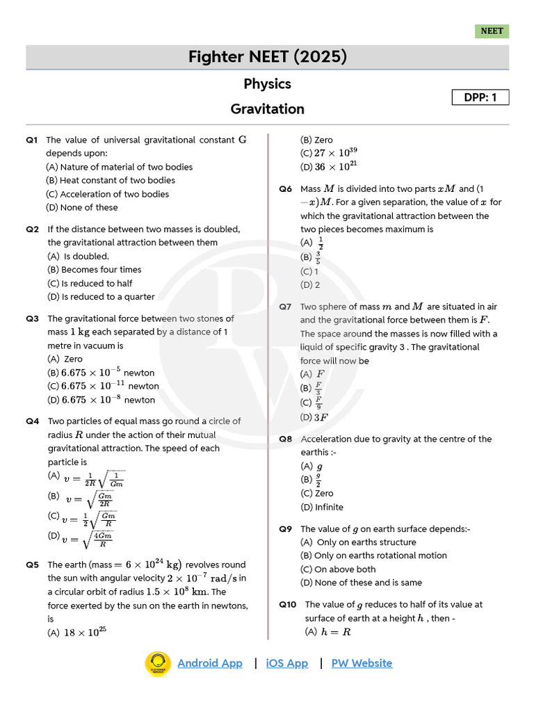 Gravitation _ DPP 01 (of Lec 3) __ Fighter NEET 2025 | PDF | Gravity | Mass