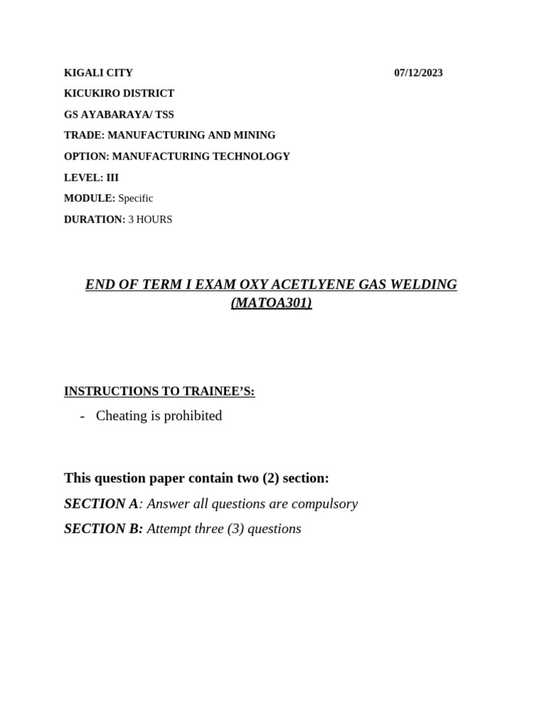 Oxy-Acetylene Gas Welding Exam Guide | PDF | Business Process ...