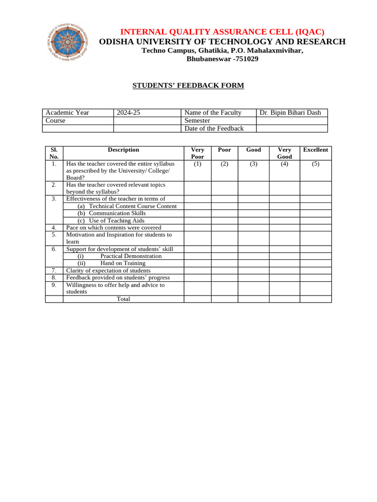 Student Feedback Form AICTE 2024-25 | PDF