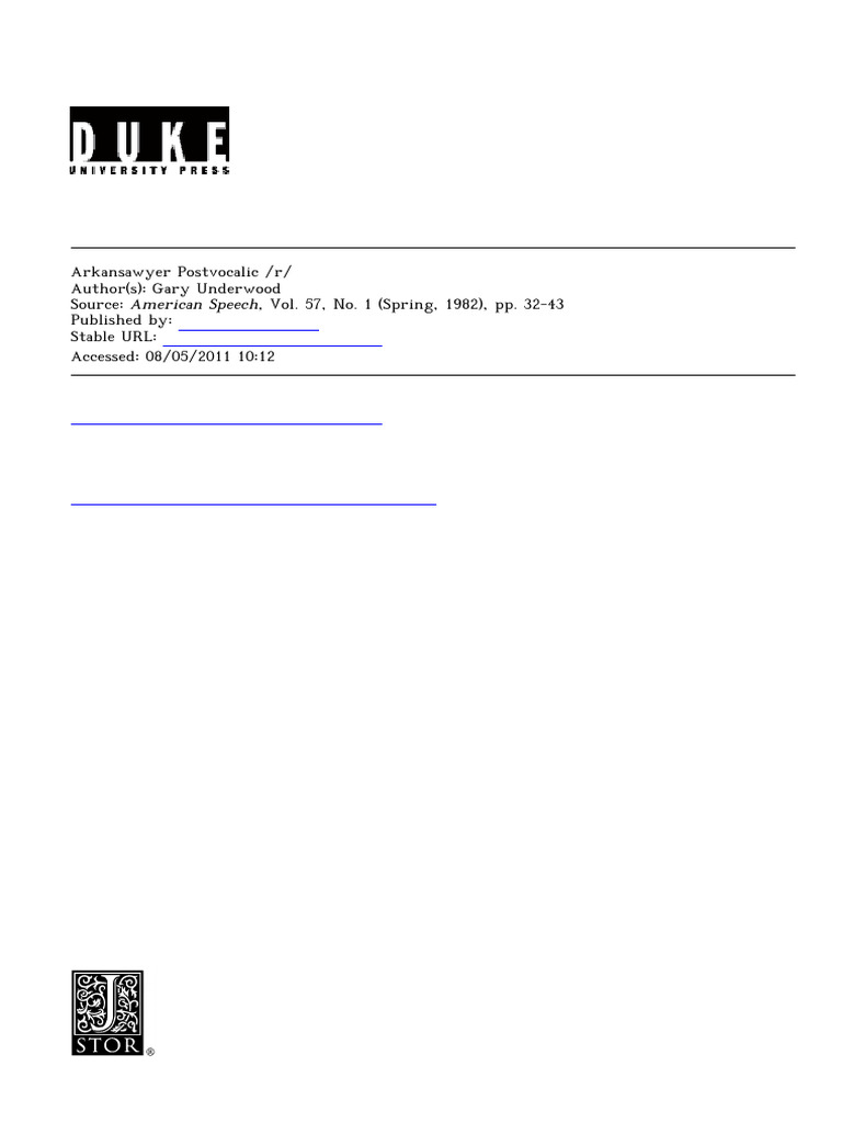 Underwood1982 Arkansawyer Postvocalic R - AmSpeech | PDF | Vowel ...