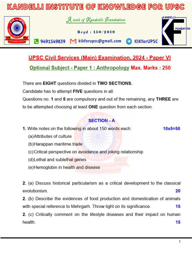 UPSC 2024 Anthropology Paper 1 | PDF | Evolution | Anthropology
