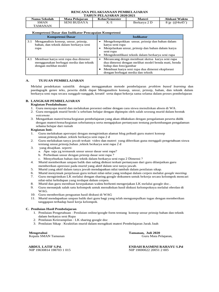 Contoh RPP Seni Rupa 2 D | PDF