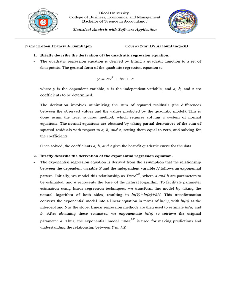 Derivation of Quadratic and Exponential Regression Models | PDF | Regression Analysis | Equations