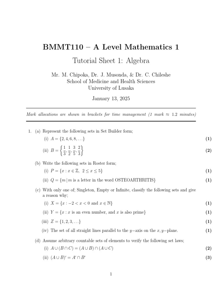 BMMT110_Tutorial_Sheet_1 | PDF | Equations | Algebra