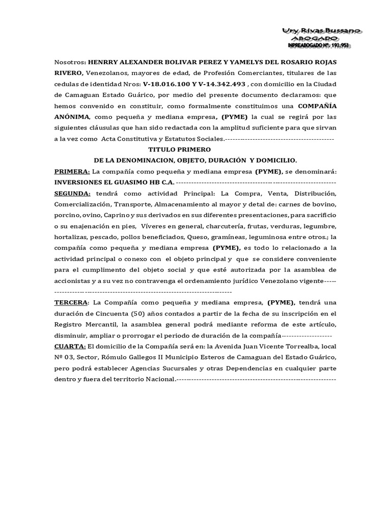 Acta Constitutiva de Inversiones El Guasimo HB C.A. | PDF | Dividendo ...