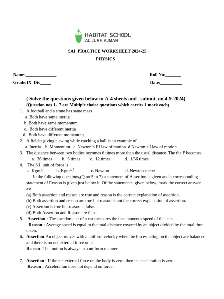 _G 9-PHYSICS SA1 PRACTICE WORKSHEET IMPORTANT | PDF | Force | Speed
