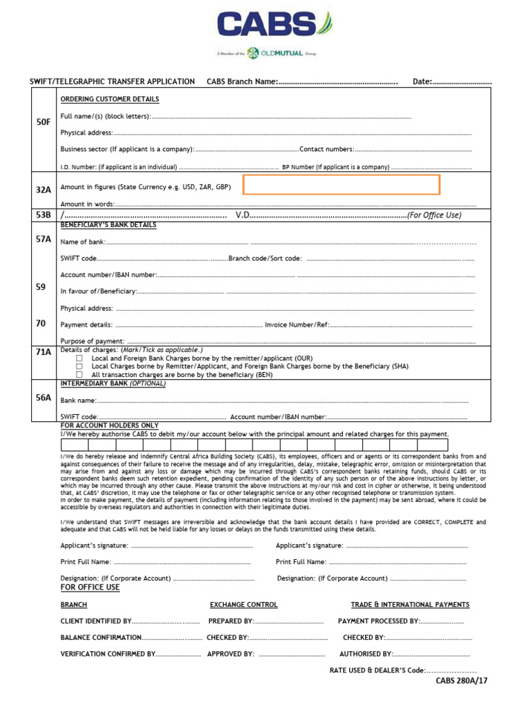 CABS SWIFT Transfer Form | PDF | Service Industries | Financial Services