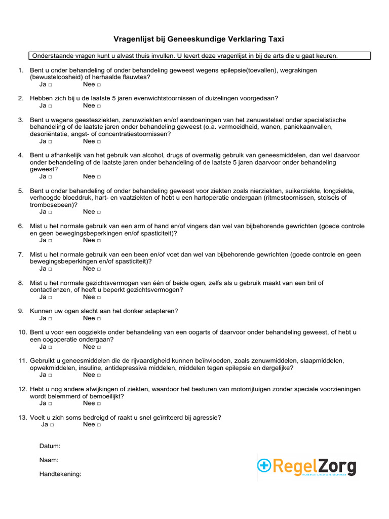 Vragenlijst Geneeskundige Verklaring Taxi RegelZorg | PDF