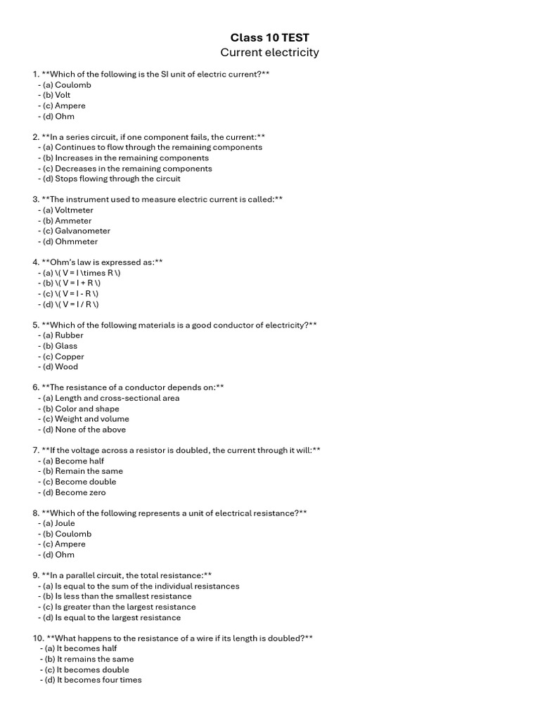 Class 10 Test Current Electricity | PDF | Electrical Resistance And ...