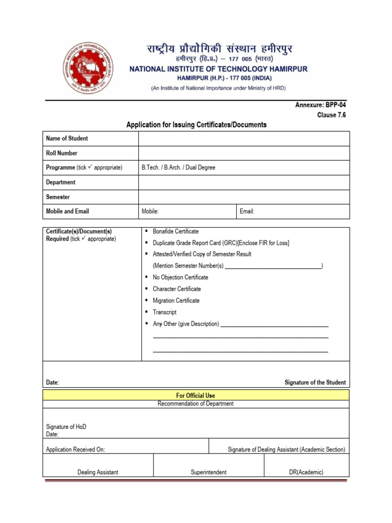 Application For Issuing Certificates/Documents | PDF