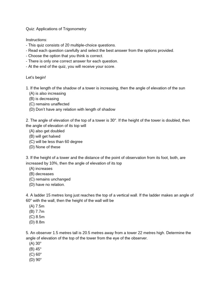 Trigonometry Applications Quiz | PDF | Reflection (Physics) | Shadow