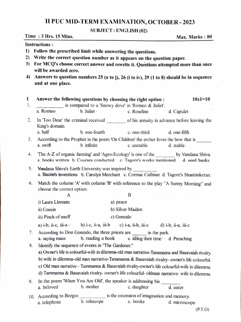 2nd PUC English Mid-Term Exam 2023 | PDF