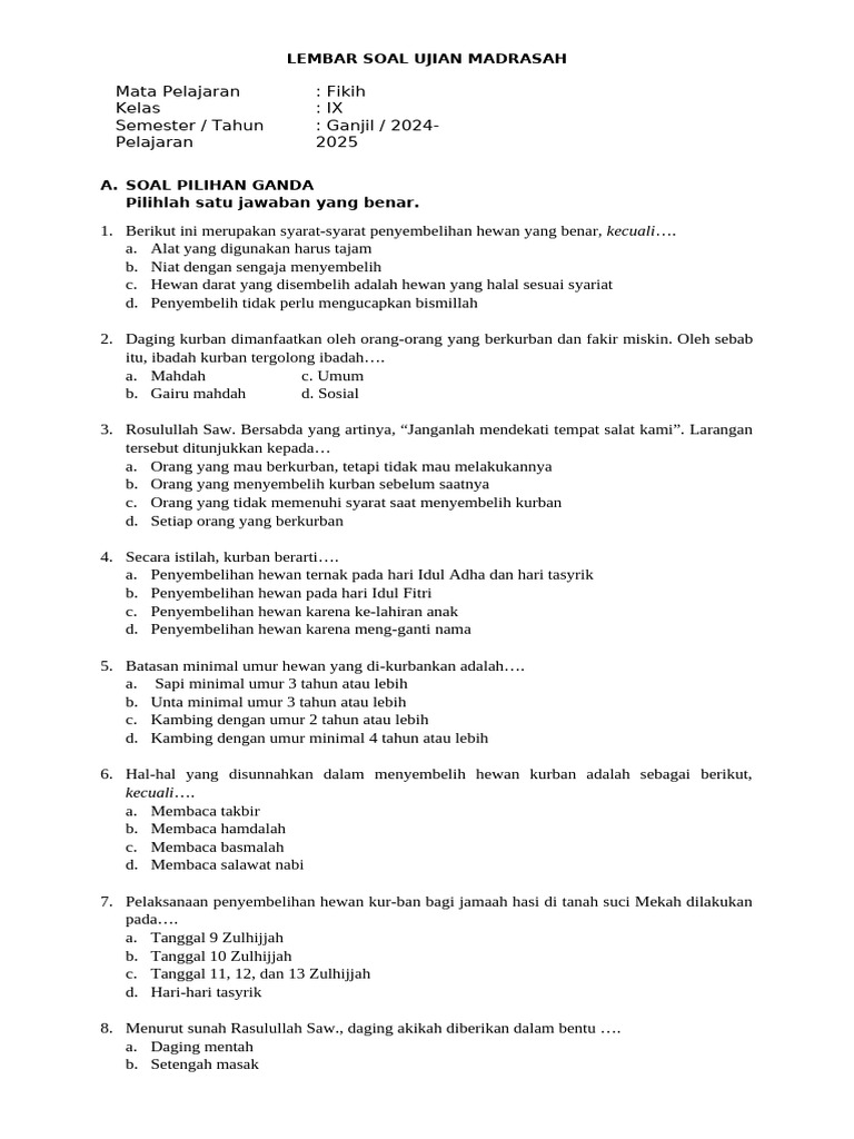 LEMBAR SOAL UJIAN MADRASAH FIKIH KLS 9 | PDF