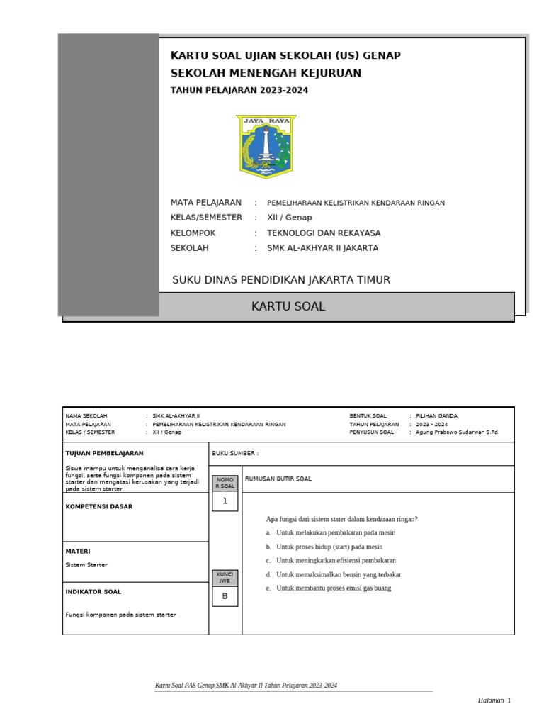 Kartu Soal Dan Kisi-Kisi PKKR Kelas 12 TKR | PDF