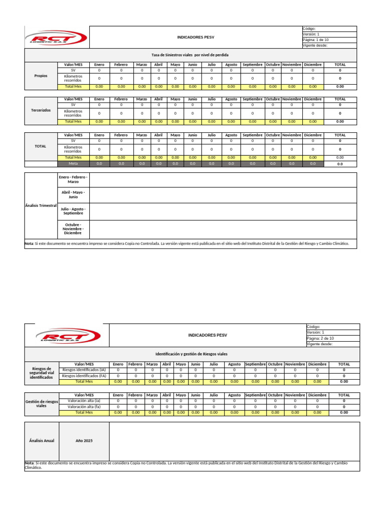 Formato Indicadores PESV V1 RCT 2024 | PDF