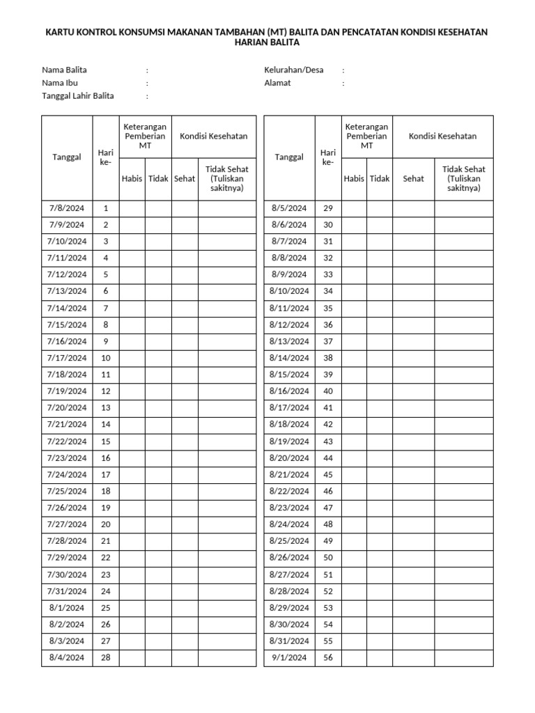 Form Pemantauan PMT BALITA 2024 | PDF