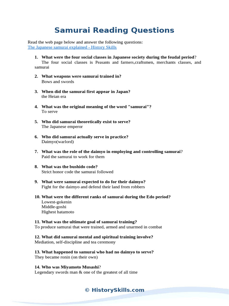 Samurai Reading Questions: The Japanese Samurai Explained - History ...