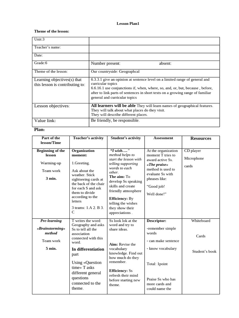 Geography Lesson Plan for Grade 6 | PDF | Vocabulary | Question