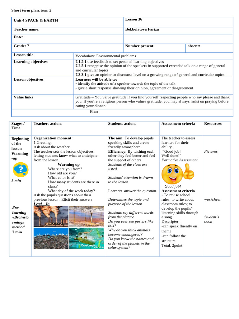 Grade 7 Lesson Plan: Environmental Vocabulary | PDF | Solar System | Learning