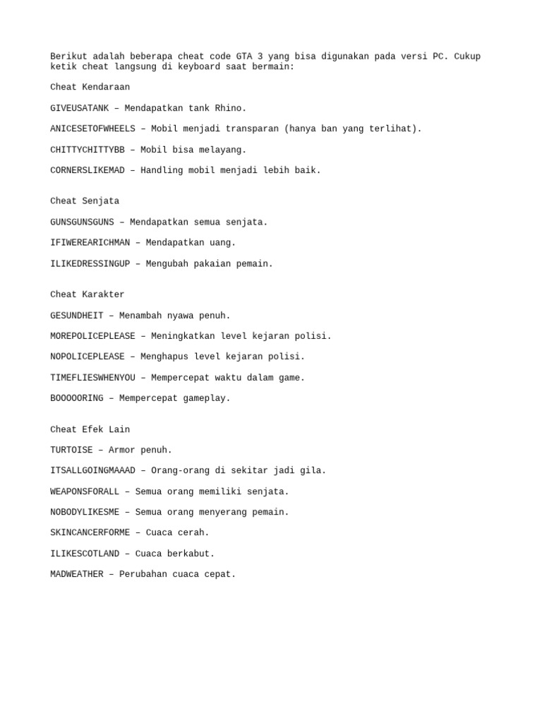 Cheat Senjata dan Kendaraan GTA 3 | PDF