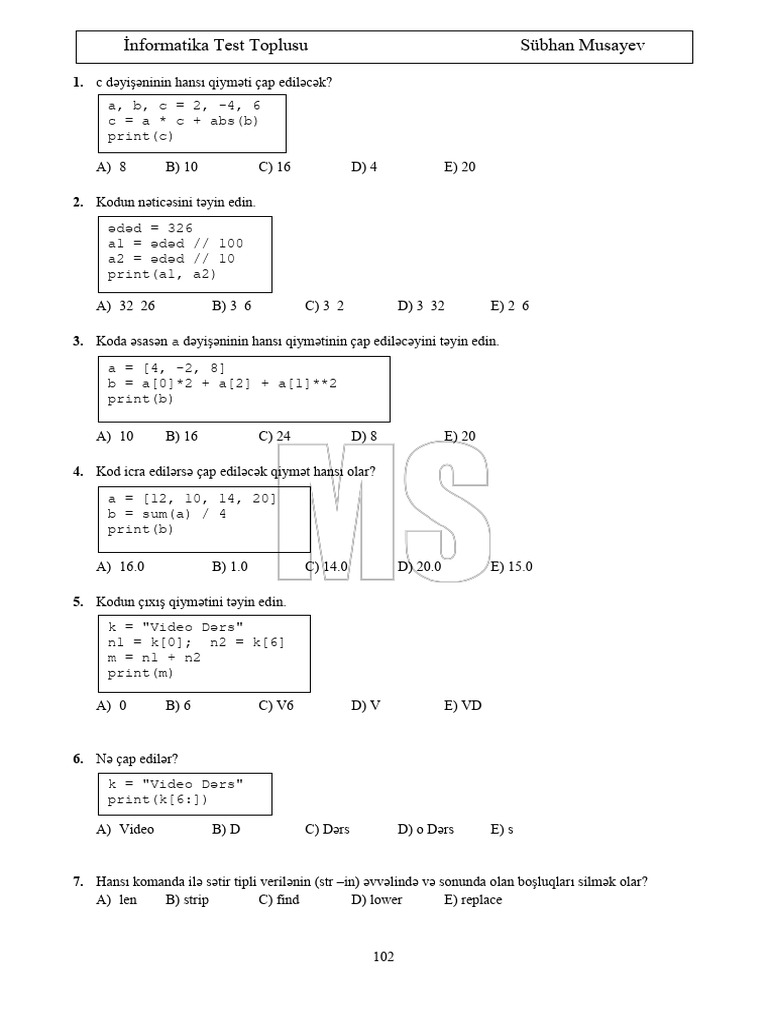 Proqramlaşdırma, Python TEST-1.pdf-1 | PDF