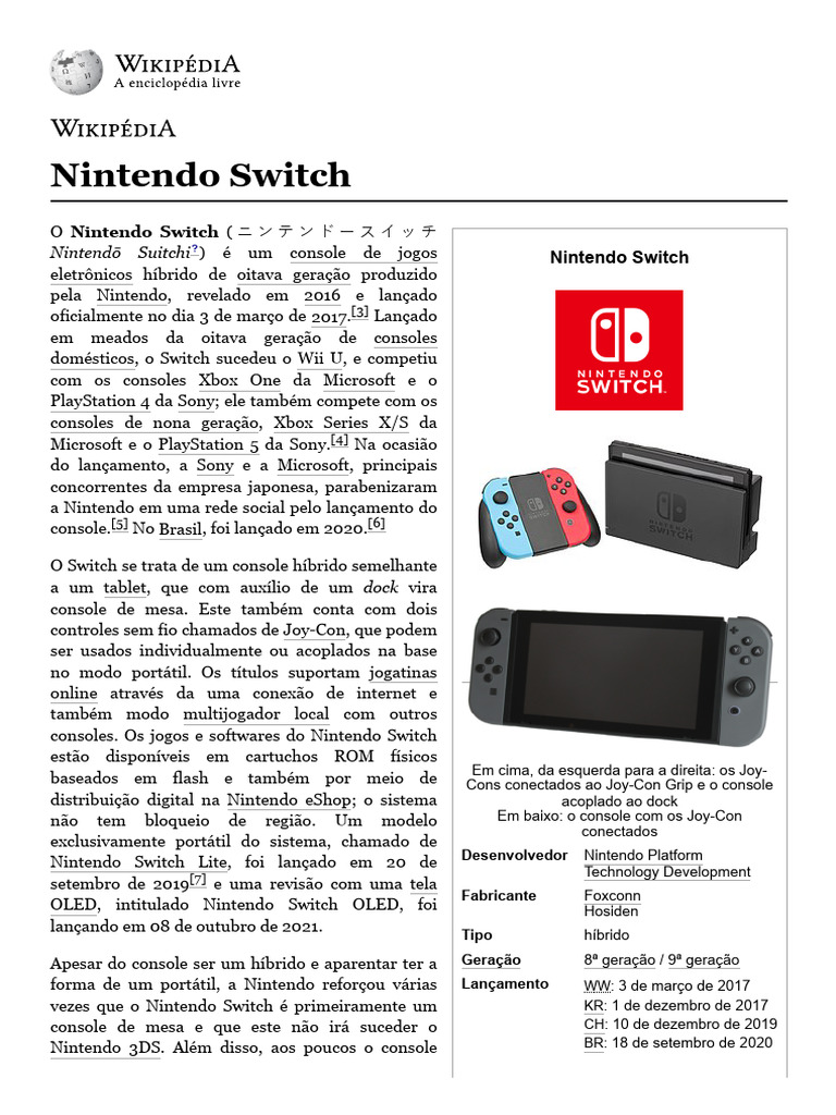Nintendo Switch - Wikipédia, A Enciclopédia Livre | PDF | Nintendo ...