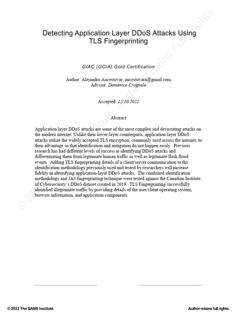 Sans Detecting Application Layer Ddos Attacks Using Tls Fingerprinting | PDF | Transport Layer ...
