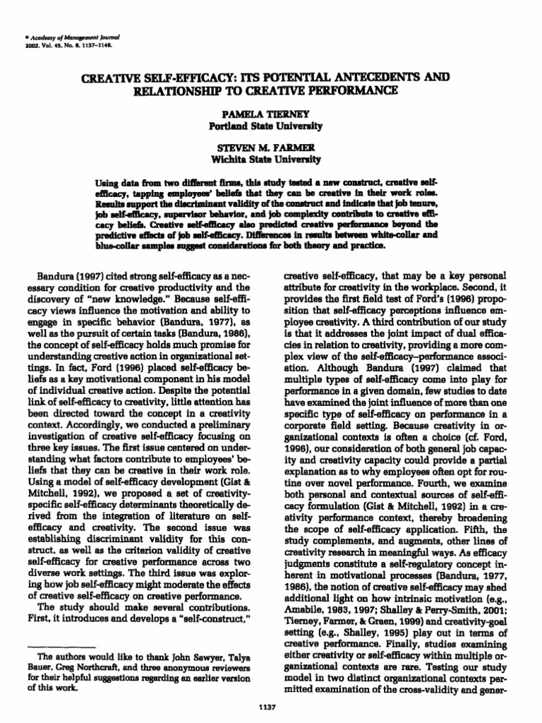 Creative Self - Efficacy - Its Potential Antecedents and Relationship To Creative Performance ...