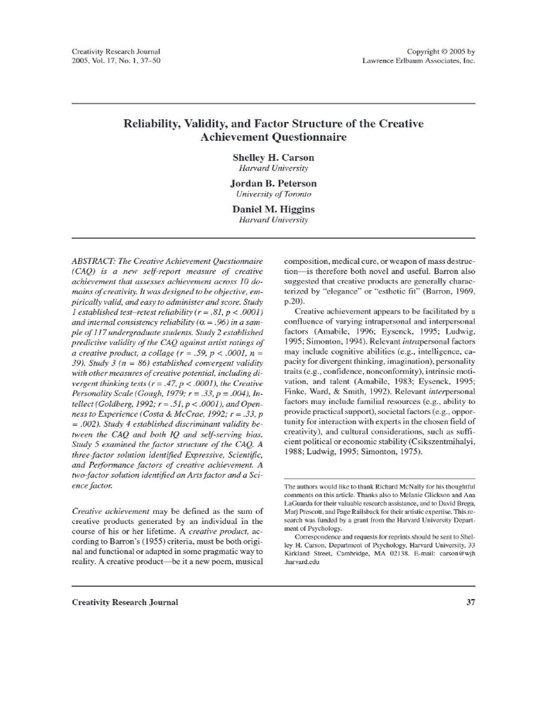 Creative Achievement Questionnaire | PDF