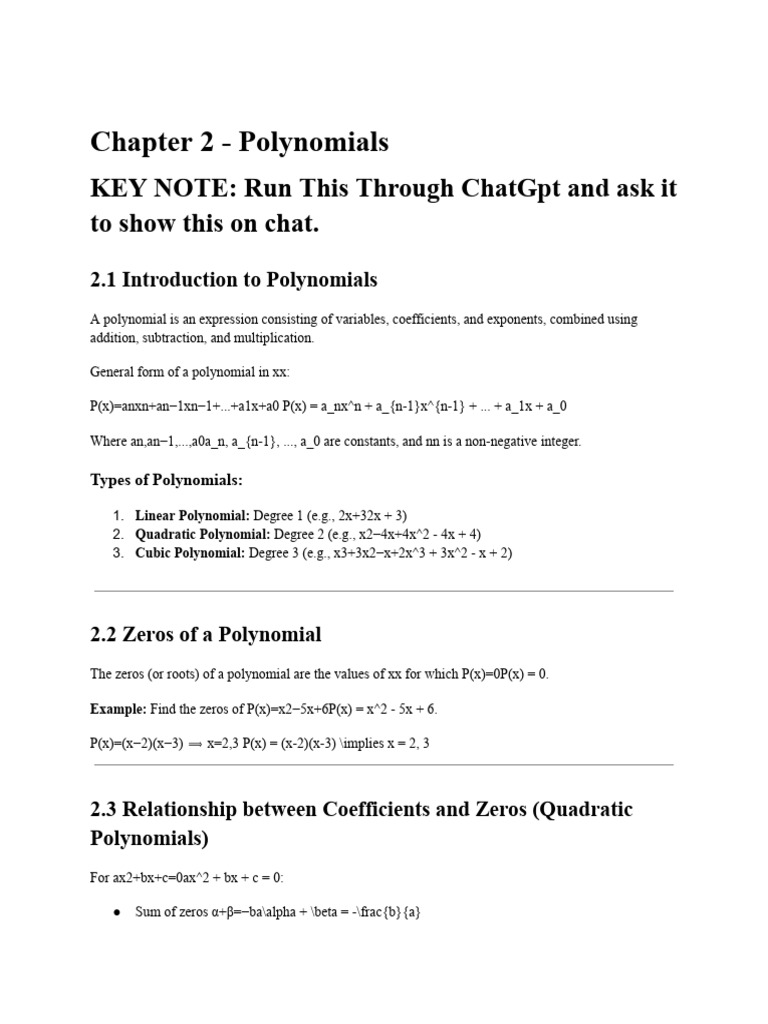 Chapter 2 - Polynomials Class 10 Maths | PDF | Polynomial | Elementary Mathematics