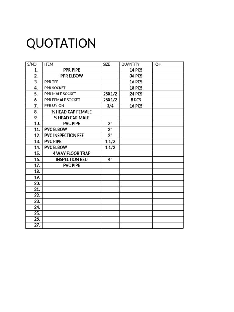 PPR and PVC Pipe Quotation List | PDF