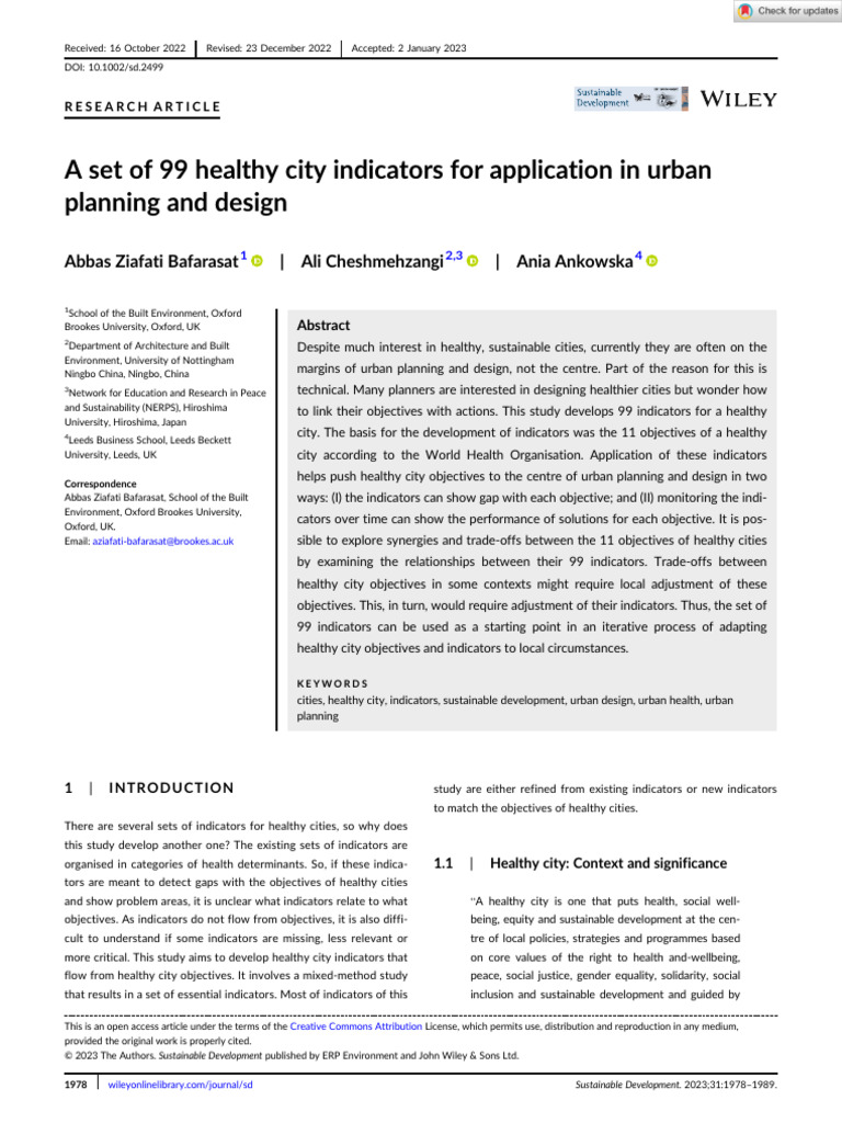 Sustainable Development - 2023 - Ziafati Bafarasat - A Set of 99 Healthy City Indicators For ...