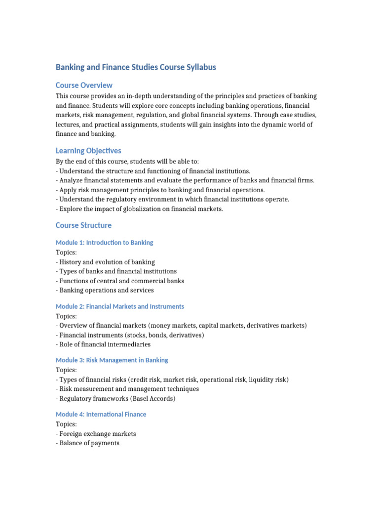 Banking and Finance Studies Syllabus | PDF