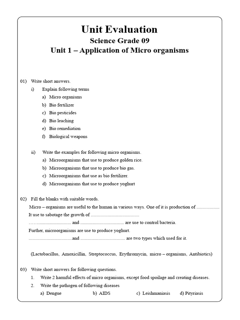 UNIT TEST Lesson 1 - Science | PDF | Microorganism | Bacteria