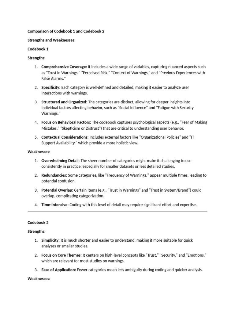 Comparison of Codebook 1 and Codebook 2 | PDF | Behavior | Emotions
