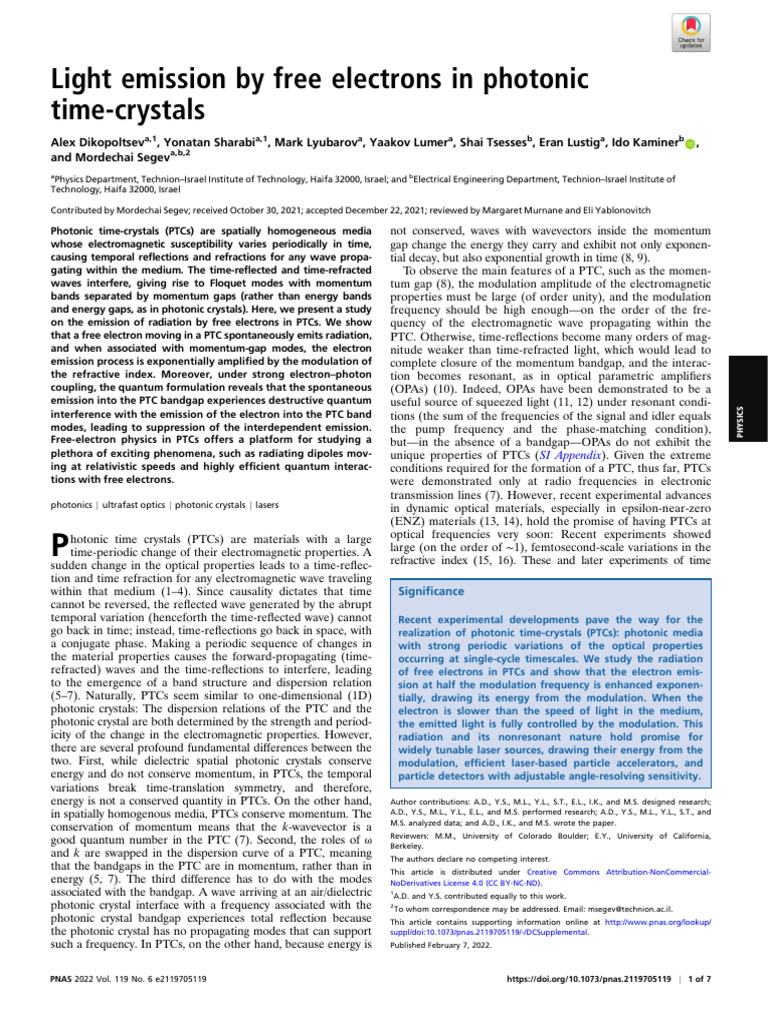 Dikopoltsev Et Al 2022 Light Emission by Free Electrons in Photonic Time Crystals | PDF ...
