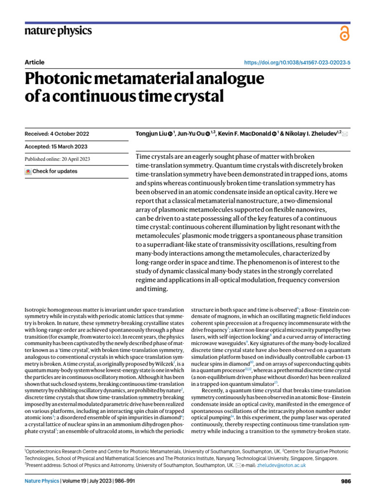 Photonic Metamaterial Analogue of A Continuous Time Crystal | PDF ...