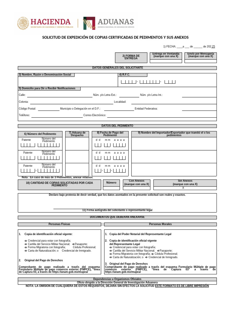 Solicitud de Copias Certificadas de Pedimentos | PDF