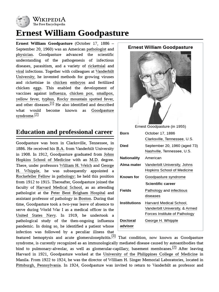 Ernest Goodpasture: Pathologist & Innovator | PDF | Immunology | Health ...