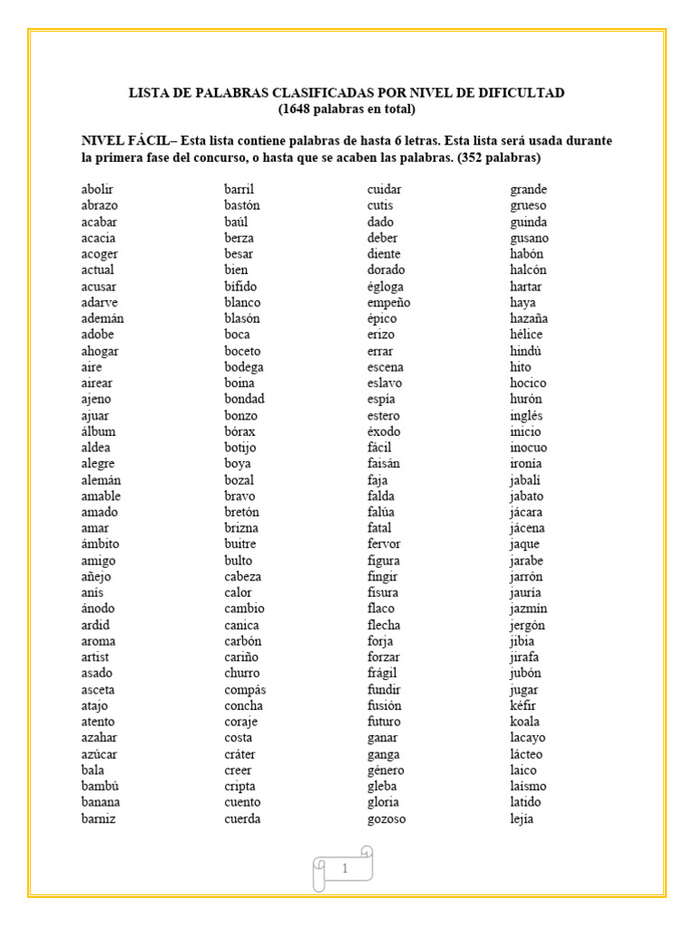 Lista de Palabras por Dificultad | PDF