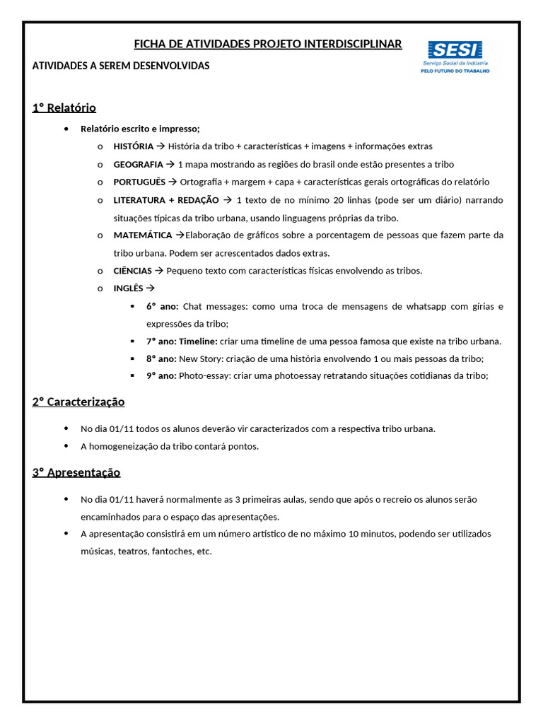 Ficha de Atividades Projeto Interdisciplinar | PDF