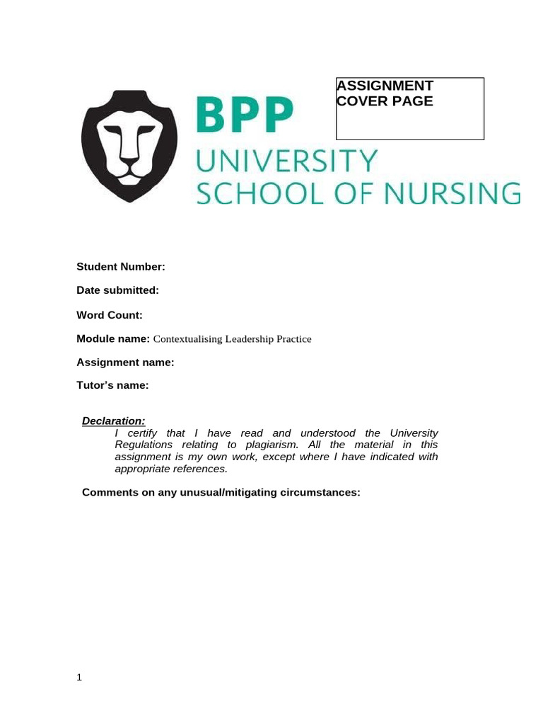 BPP Assignment Front Cover Sheet - NUR7012 | PDF