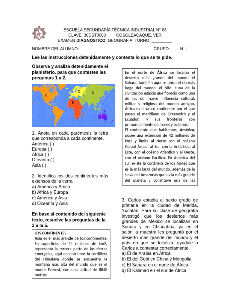Examen de Geografía para Secundaria | PDF | Marea | Placas tectónicas