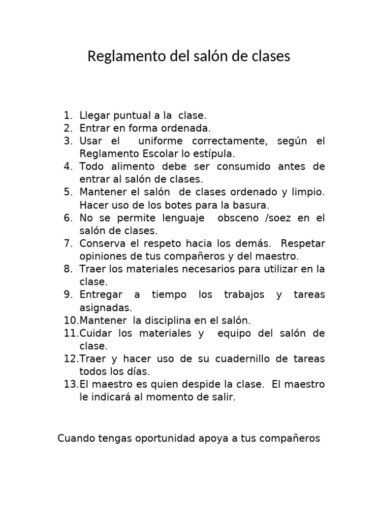 Reglamento Del Salón de Clases | PDF