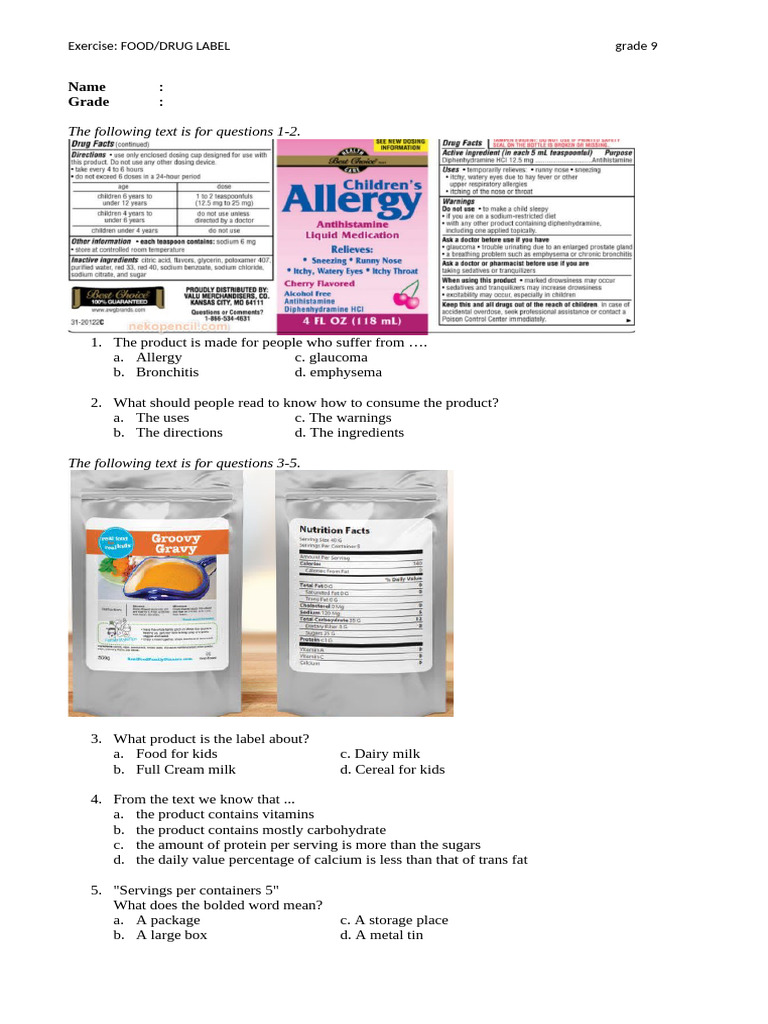 Food and Drug Label Exercise for Grade 9 | PDF