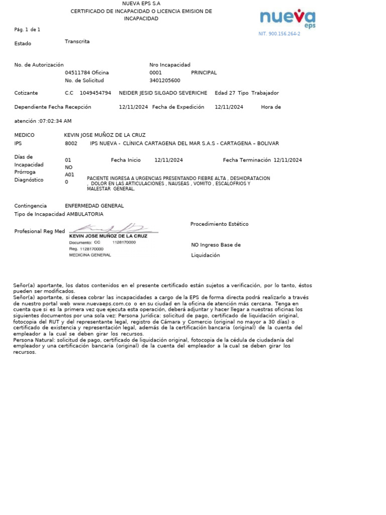 Nueva Eps Neider Jesid Silgado Severiche - 1 | PDF | Enfermedades y ...