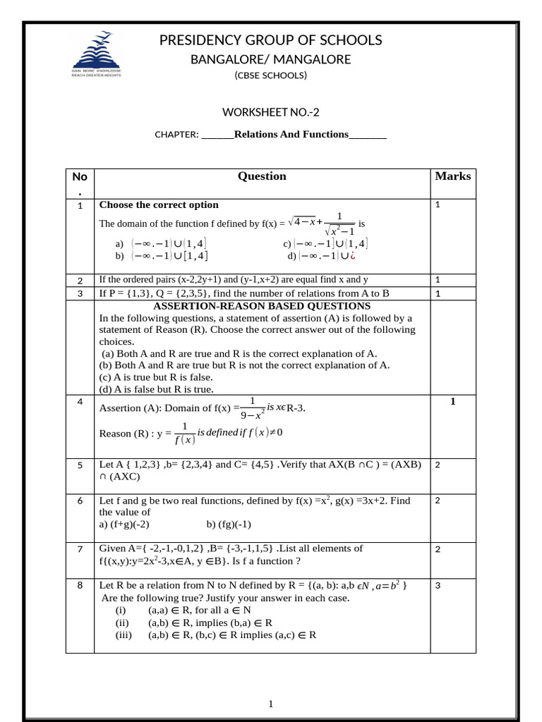 Worksheet - Grade 11 - Chapter 2 - Relations and Functions | PDF ...