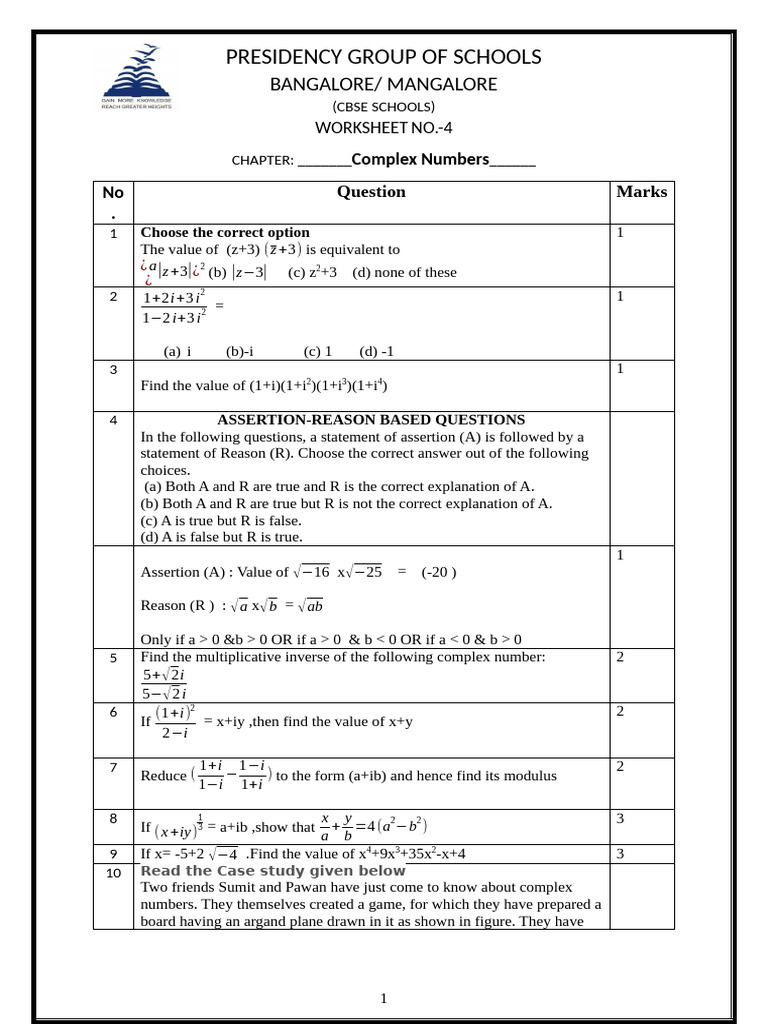 WORKSHEET - Grade 11 - Chapter 5 - Complex Numbers | PDF | Complex ...