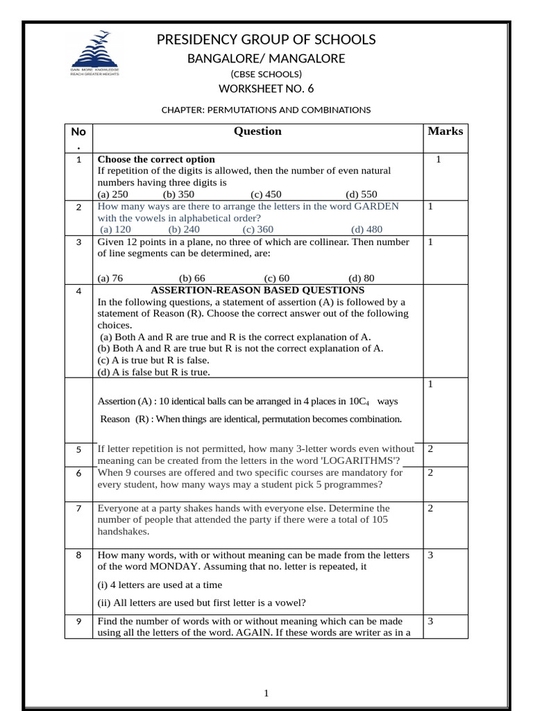 WORKSHEET - Grade 11 - PERMUTATIONS AND COMBINATIONS | PDF | Linguistics