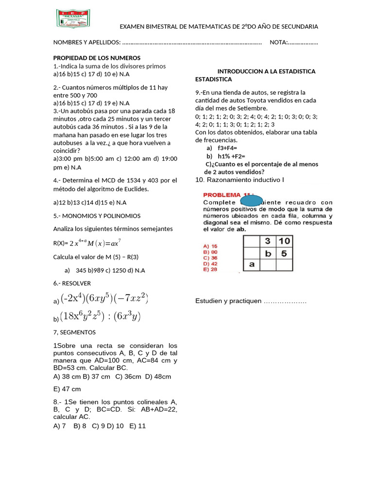 EXAMEN Bimestral DE MATEMATICAS DE 2 DE SECUNDARIA | PDF